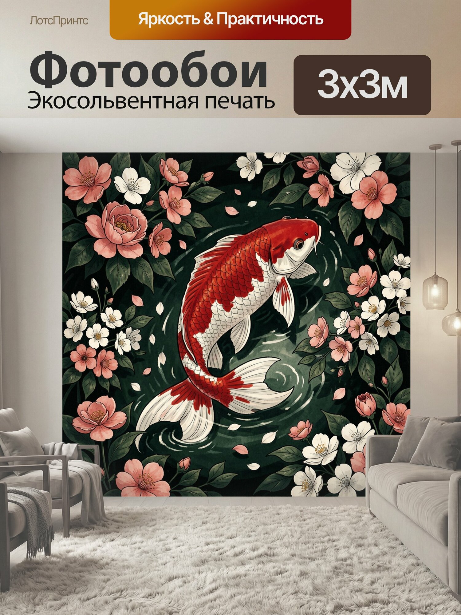 Фотообои "Красный карп среди цветов. Японская композиция с крупным красно-белым карпом в темной воде, окруженным нежными цветами и зелеными." 300x300 см. экосольвентная печать