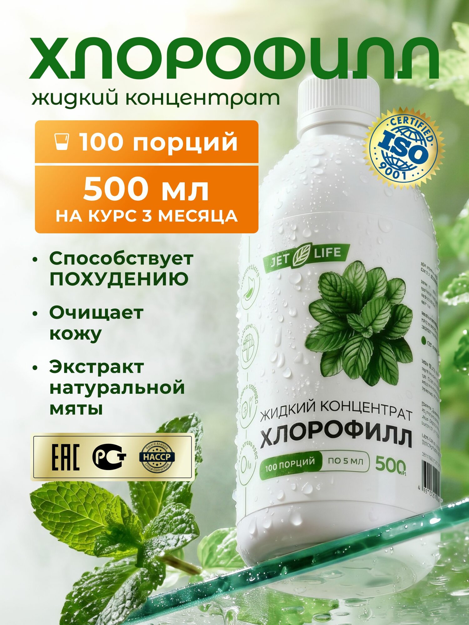 Хлорофилл жидкий с мятой, 500 мл. Jetlife