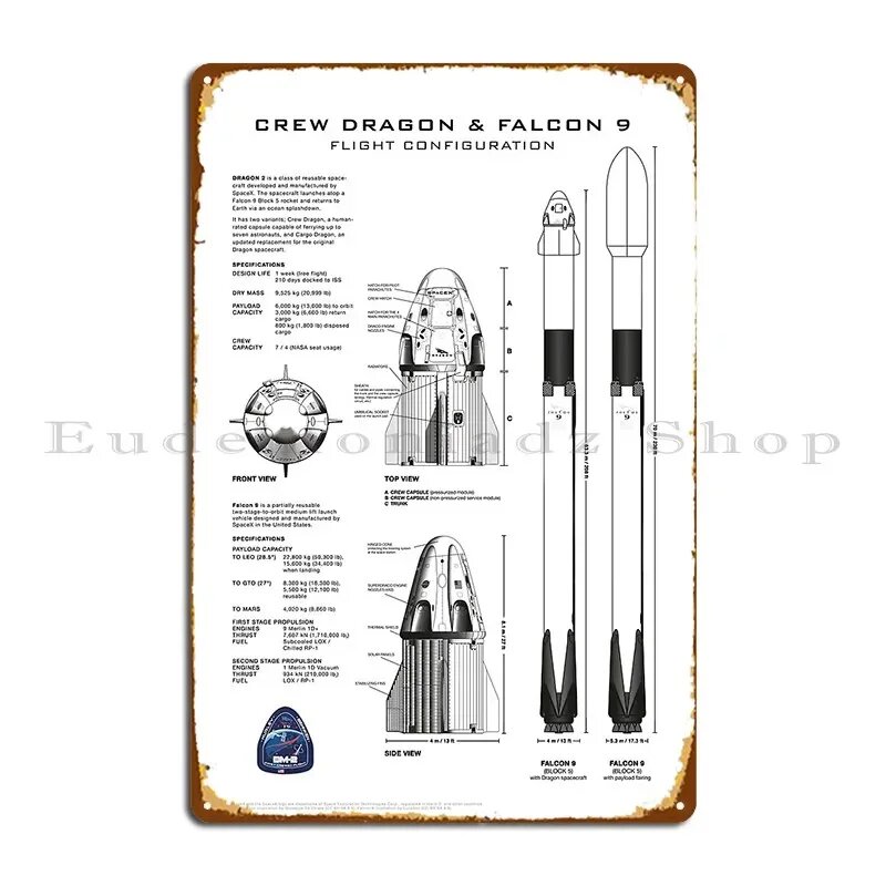 Металлическая вывеска SpaceX Crew Dragon & Falcon 9, 14x20cm