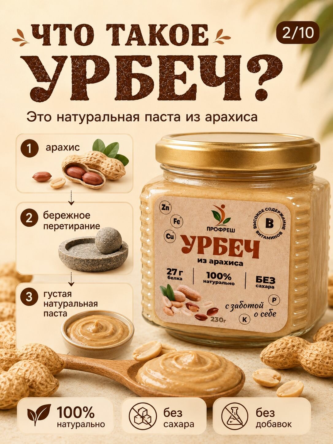 Урбеч из арахиса. Натуральный. Без добавления сахара, профреш Источник белка, магния, калия, витамина Е, витаминов B3 B6 — фото 1