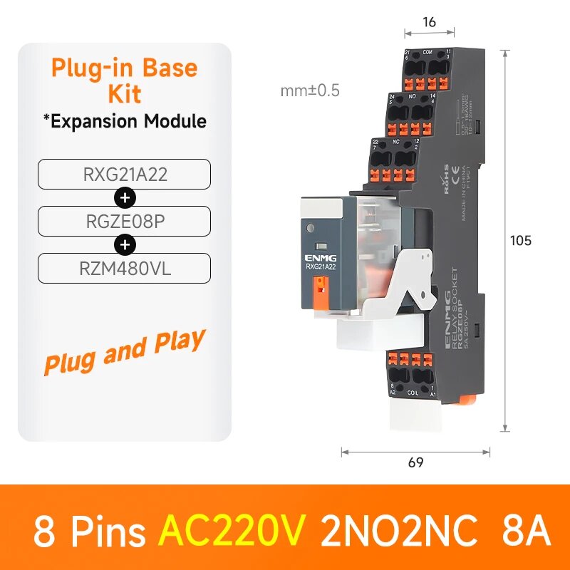 Электромагнитное реле ENMG RXG 12А 24В/220В 21A22-08P-RZM480VL