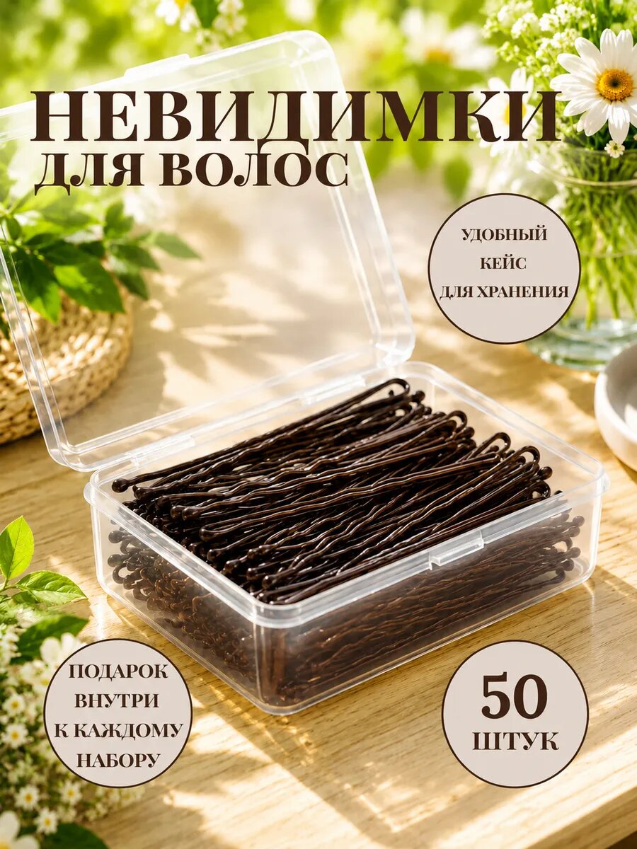 Невидимки для волос металлические 50 штук, коричневые, волнистые
