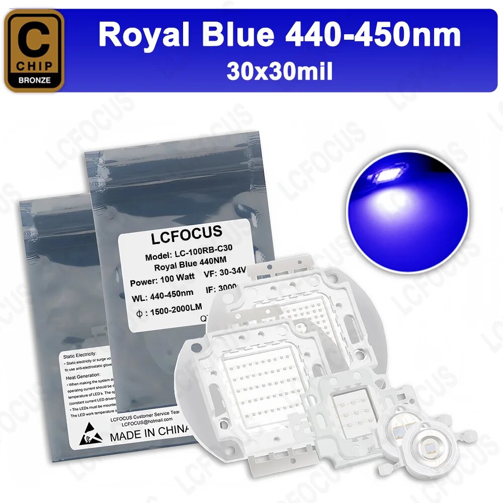 LCFOCUS Светодиодные бусины COB Синий, Royal Blue (30mil), 10 Watt x 1 Piece
