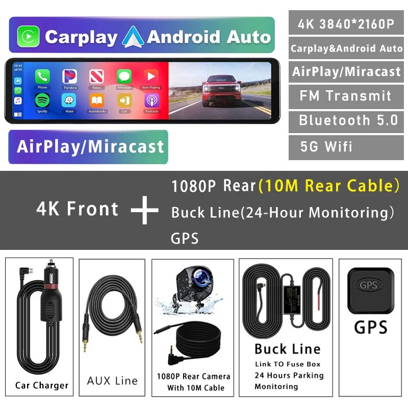11,26 "4K 2160P Автомобильный видеорегистратор Carplay Android Auto Dash Cam GPS WIFI BT FM Stream Зеркало заднего вида Видеорегистраторы Камера Drive Recorder