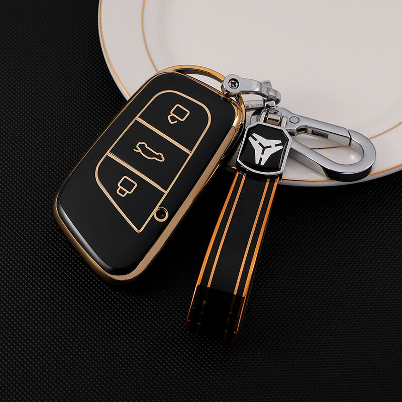 Чехол для ключа автомобиля Chery iCar, E, Ruihu, QQ Ice Cream EV с кастомным цветом - из ПЭ с золотой каймой