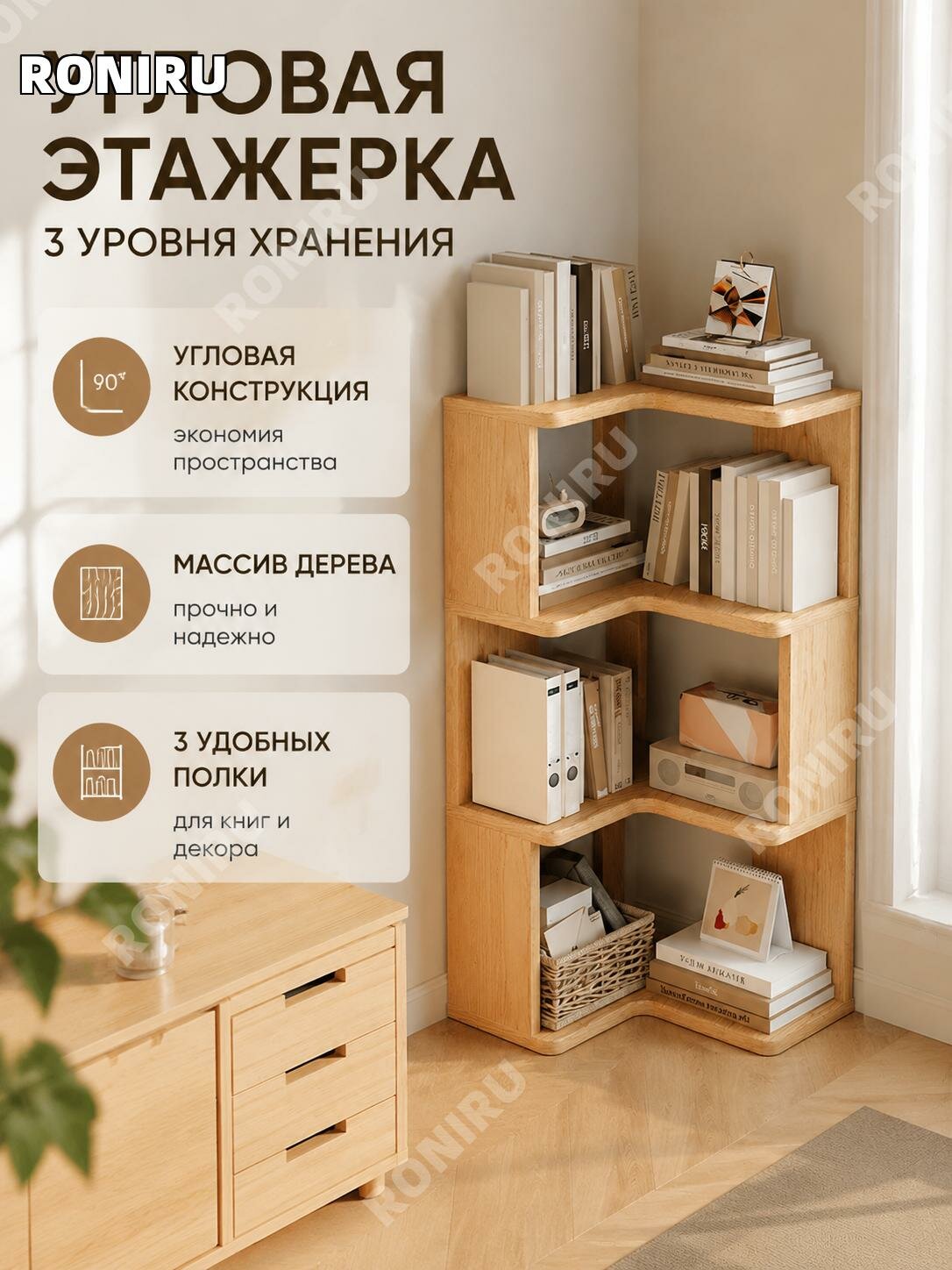 Книжный стеллаж из массива дерева3 яруса, угловая этажерка к стене для хранения в гостиной и кабинете, модель2026