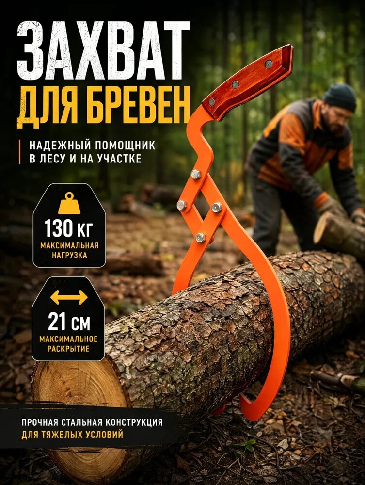 Ручной крюк для переноски дров и брёвен, до 130 кг, раскрытие до 21 см