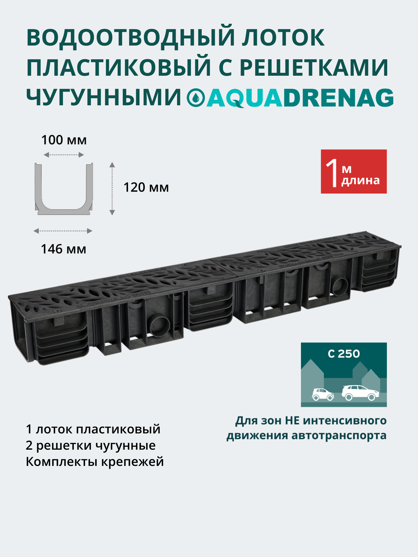 Лоток водоотводный пластиковый Aquadrenag ЛВП Classic AQD DN100 H120 с решеткой чугунной RAIN FOREST и крепежом, кл. С250