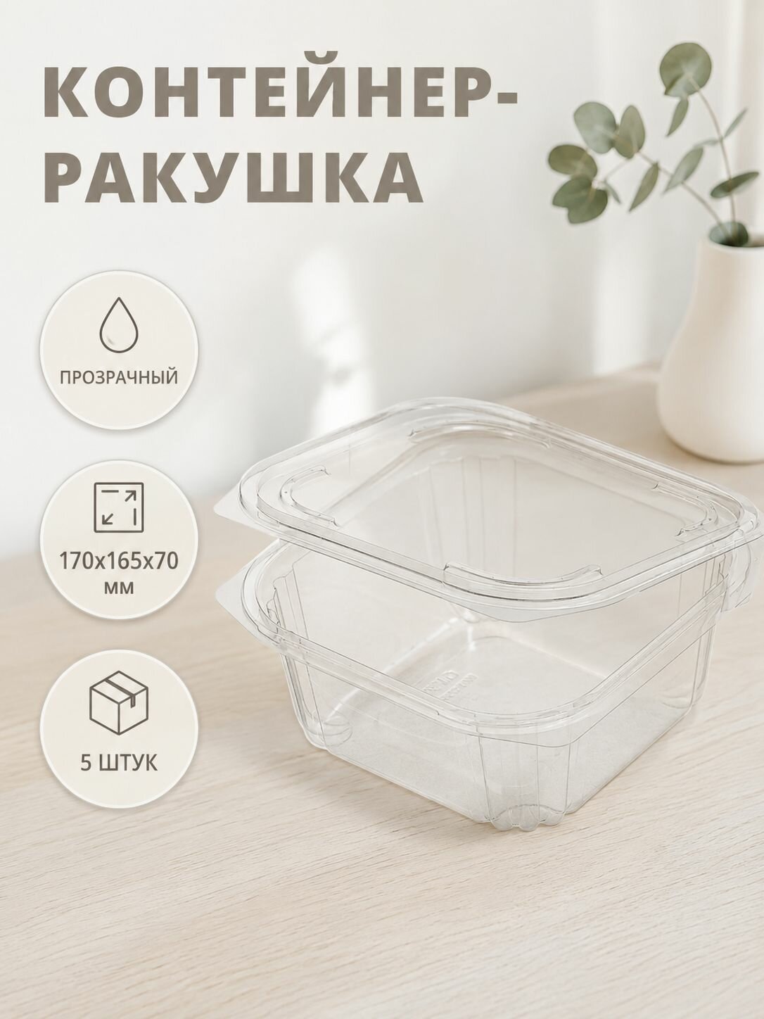 Контейнер-ракушка, 170х165х70мм, 5 штук, прозрачный