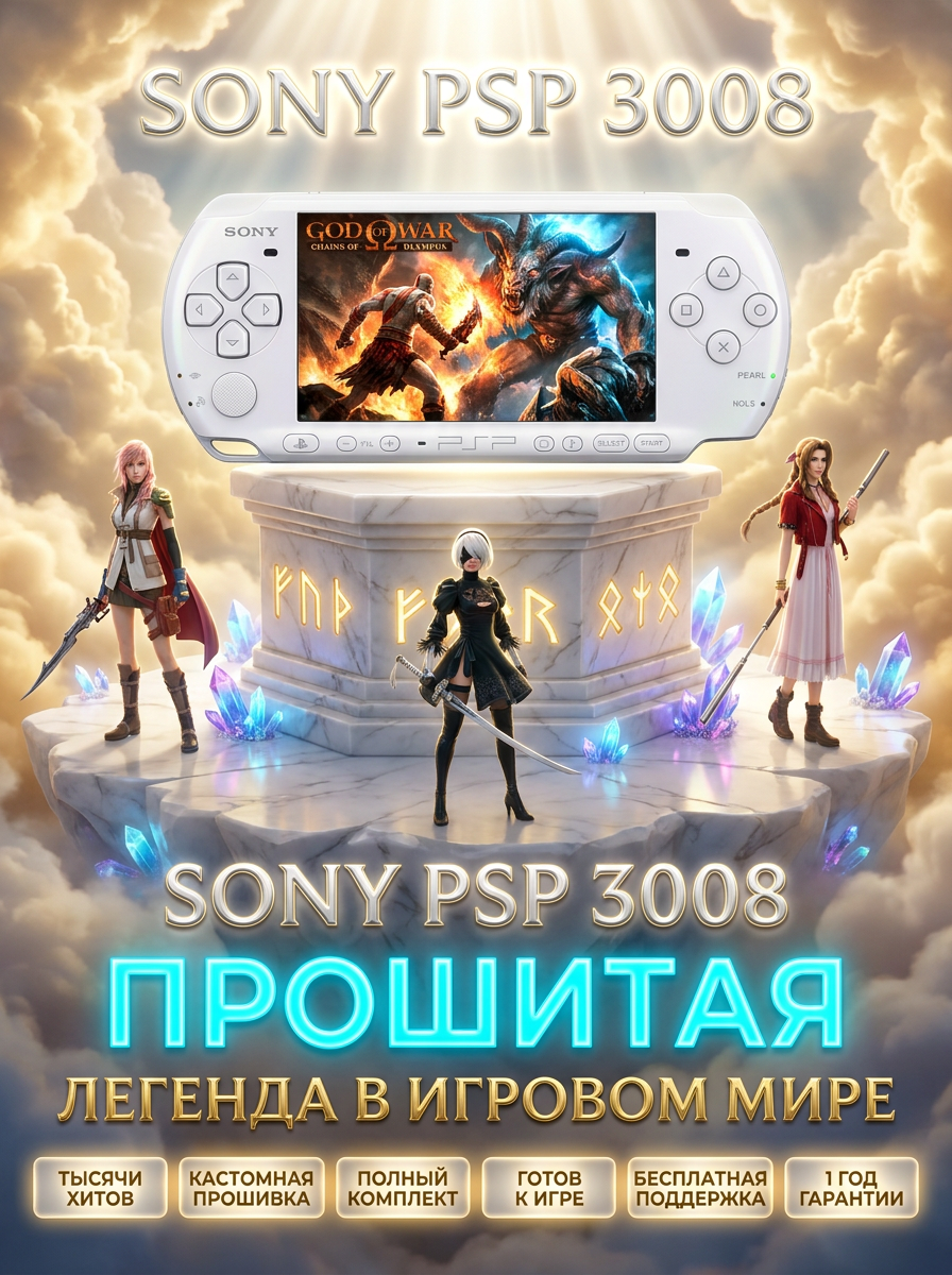 Новая игровая консоль Sony PSP 3008 Slim Белый 64Gb 3020 ИГР
