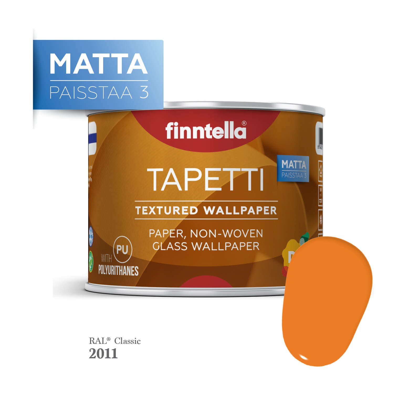 Матовая краска для обоев под окраску TAPETTI Matta FINNTELLA, Цвет RAL 2011 Насыщенный оранжевый (Deep orange), 0,45л