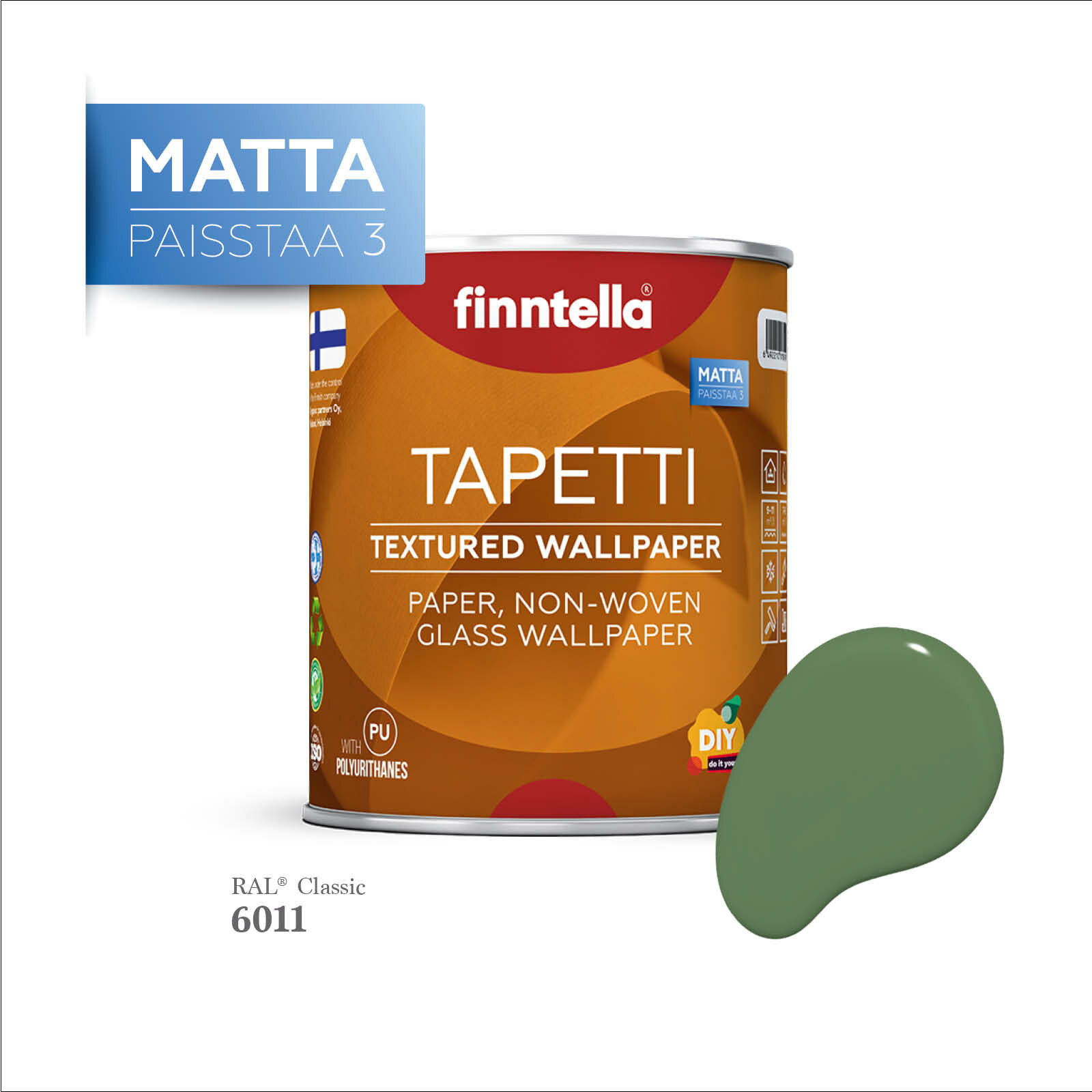 Матовая краска для обоев под окраску TAPETTI Matta FINNTELLA, Цвет RAL 6011 Резедово-зеленый (Reseda green), 0,9л