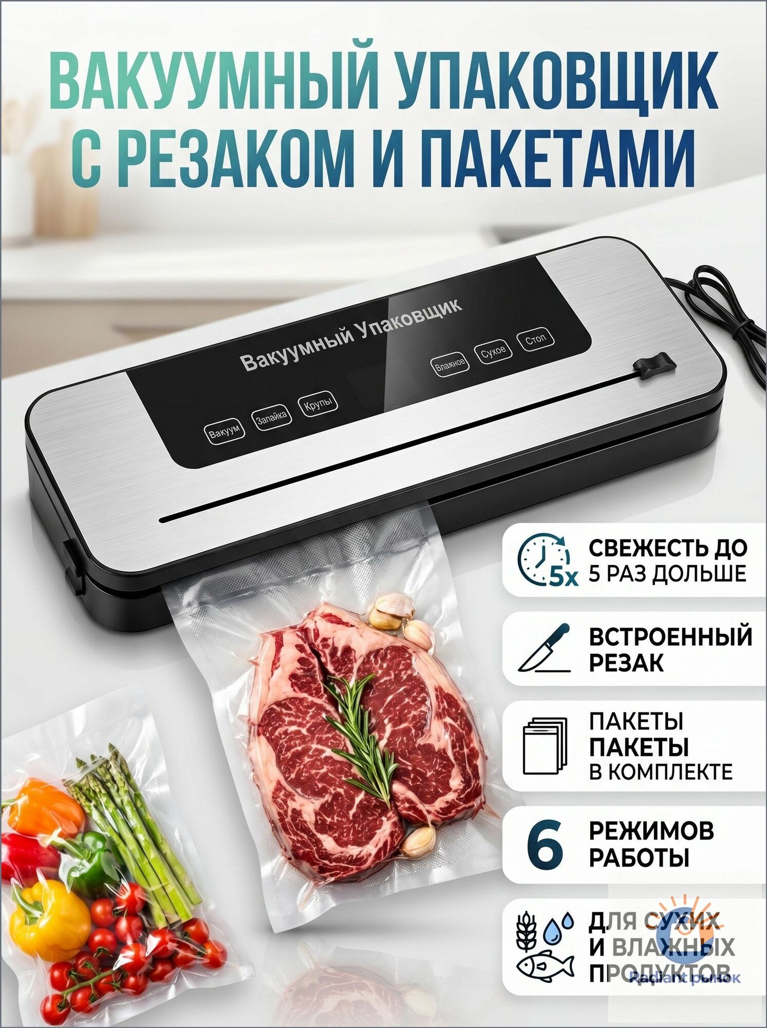 Вакуумный упаковщик продуктов со встроенным резаком и комплектом пакетов, 6 режимов работы, для хранения мяса, овощей и готовых блюд дома для домашнего использования бытовой с 6 режимами с резаком