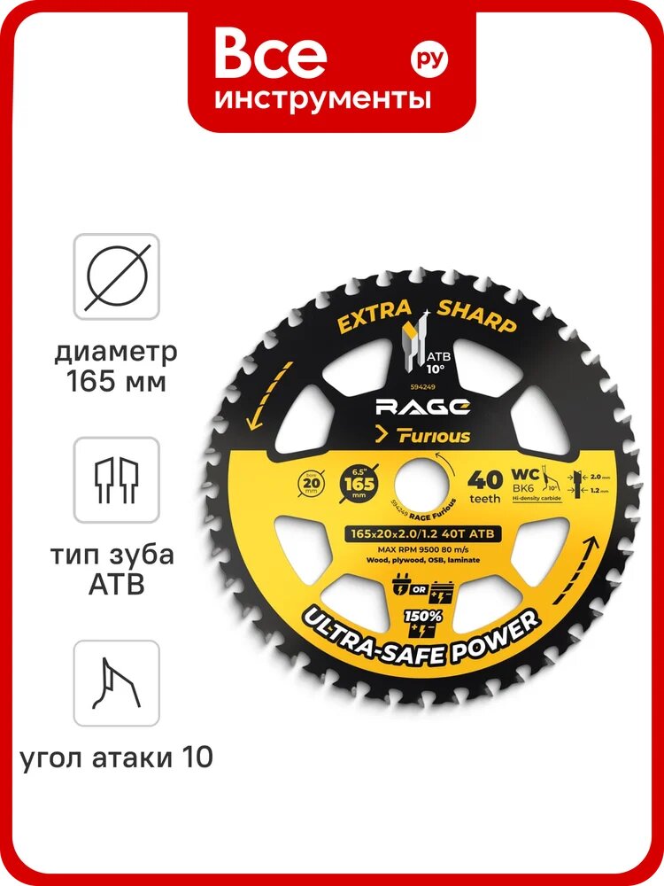 Диск пильный RAGE Furious Wood Finish 165 мм 40 зубьев посадка 20 мм + кольцо 16 мм 594249