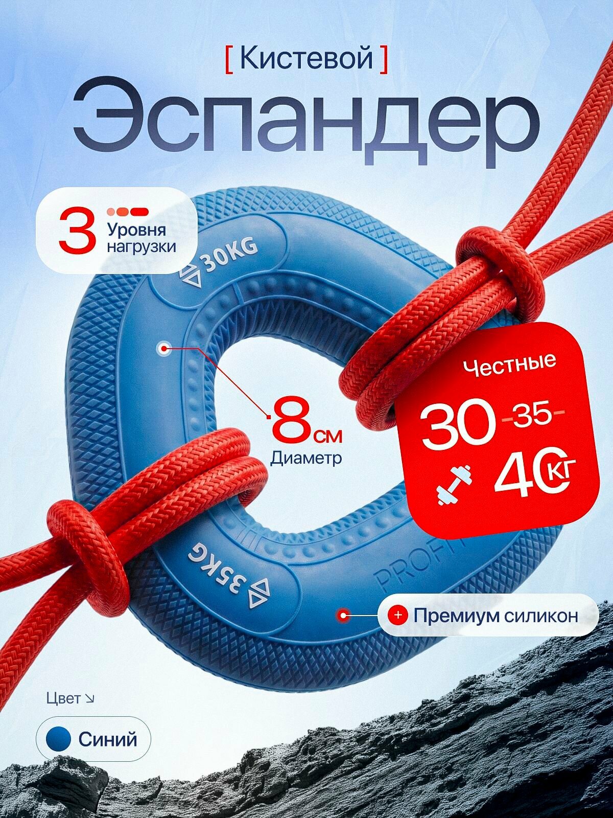 Эспандер кистевой резиновый 30-35-40 кг, тренажёр для рук, кисти и пальцев, кольцо с 3 уровнями нагрузки, синий, для мужчин и подростков