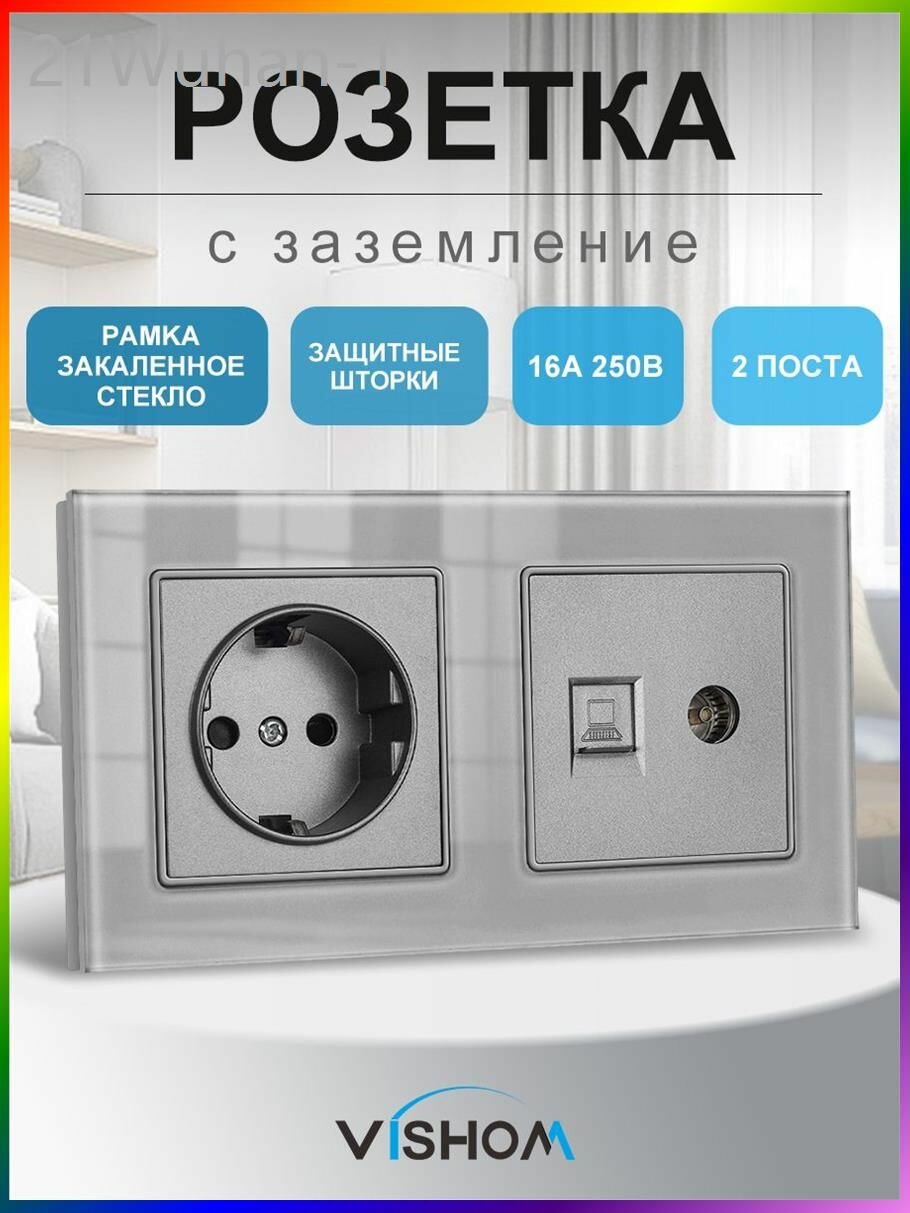 Двойные розетки с сетевым портом RJ45 CAT6 и ТВ-разъемом, серая рамка из закаленного стекла