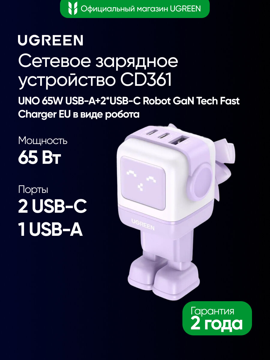 Сетевое зарядное устройство UGREEN CD361 (35291) UNO 65W USB-A+2*USB-C Robot GaN Tech Fast Charger EU в виде робота. Цвет: сиреневый