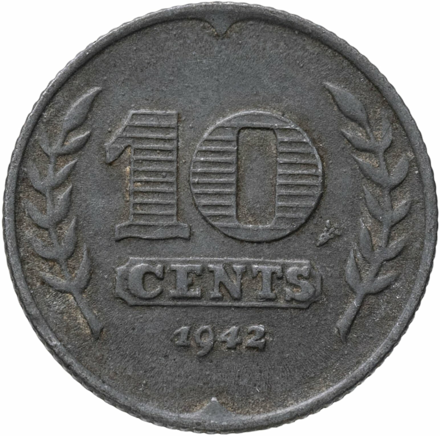 Нидерланды 10 центов cents 1942, Цинк, в сохранности VF