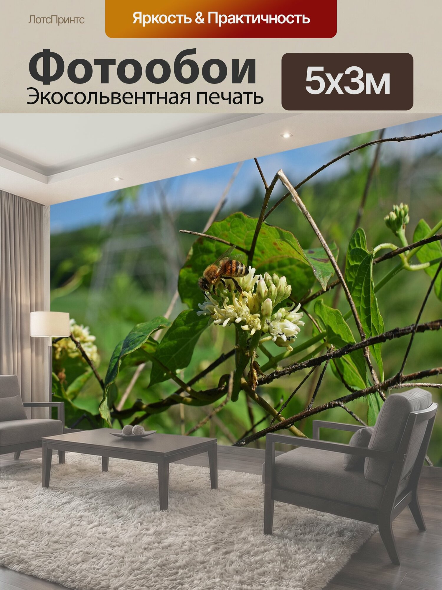 Фотообои "Пчелки на молочая, пчела, насекомое" 500x300 см. экосольвентная печать