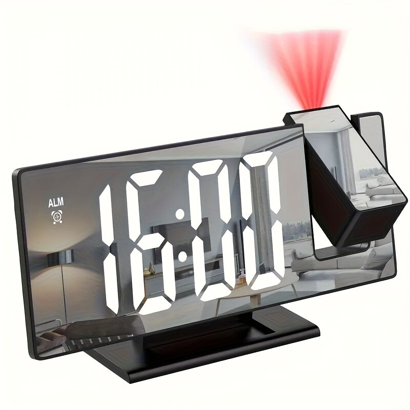 Проекционный будильник с LED-подсветкой, регулируемый на 180°, функция сна, отображение температуры 12/24 ч, зеркальный дизайн, питание от USB, черная прямоугольная рамка, белый свет, HD-дисплей, ночной режим, память настроек, подарок на пр