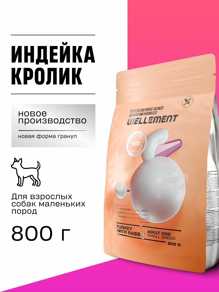 Низкозерновой сухой корм холистик Wellement для собак маленьких пород с индейкой и кроликом, 800 г