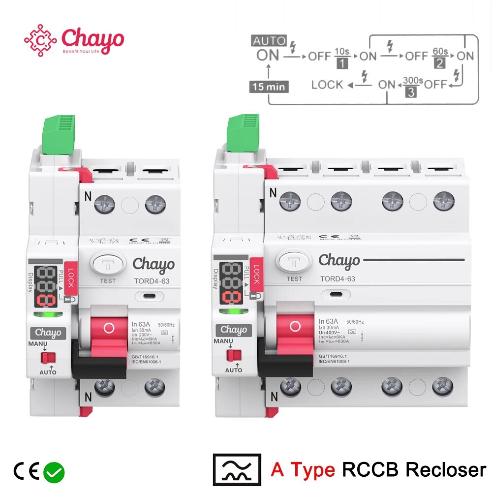 Chayo УЗО 2P 4P Тип А 16А/63А 30 мА 230В/400В 63A, 2 Pole 300 mA
