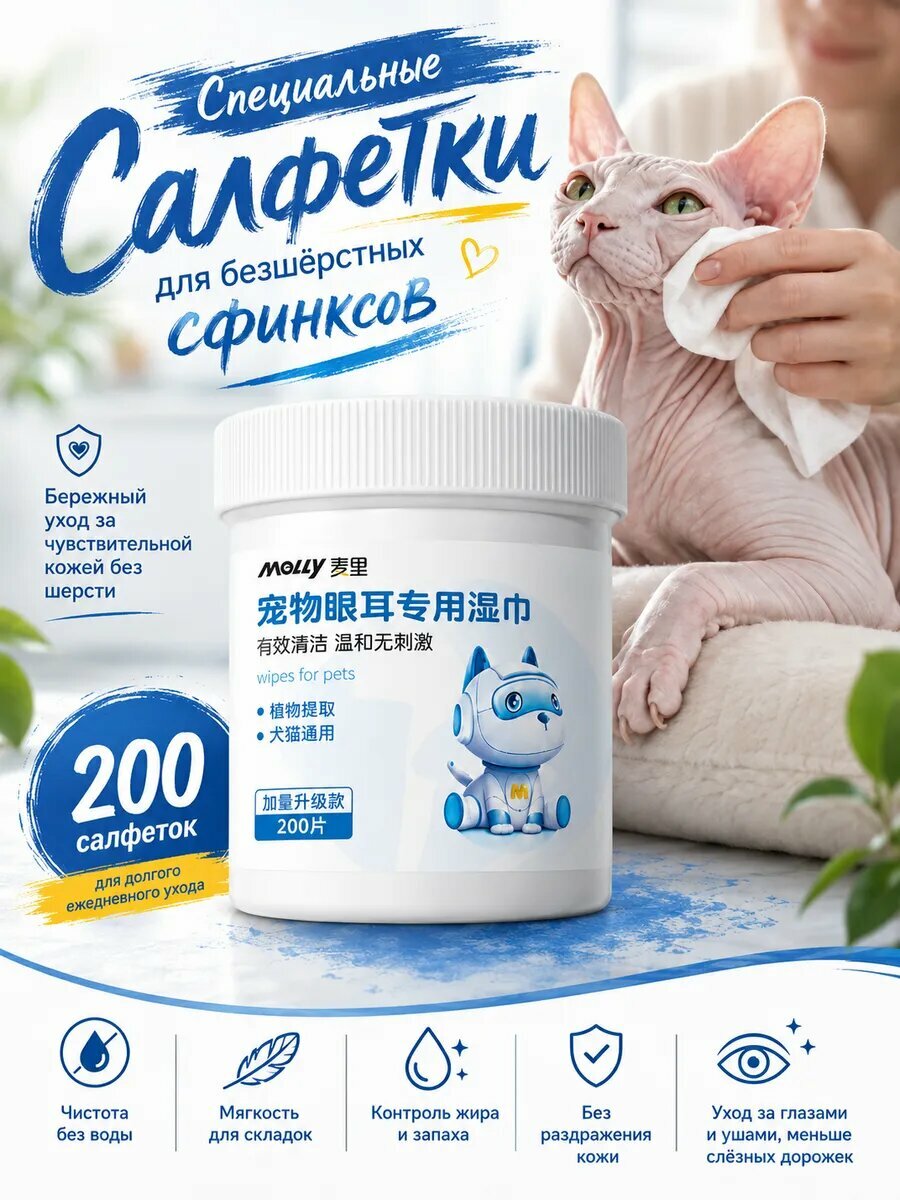 Салфетки для уборки для бесшёрстных кошек