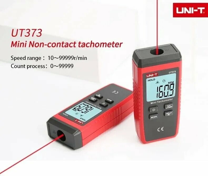 Универсальный бесконтактный цифровой лазерный тахометр UNI-T UT373 с частотой вращения до 99999 оборотов в минуту для машиностроения, двигателей, автомобилей