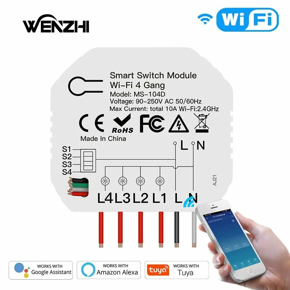 Wifi 4Gang 1/2 Way Mini DIY Light Switch Module Automation Беспроводное дистанционное управление Smart Life Tuya Alexa Google Домашний помощник Переключатель