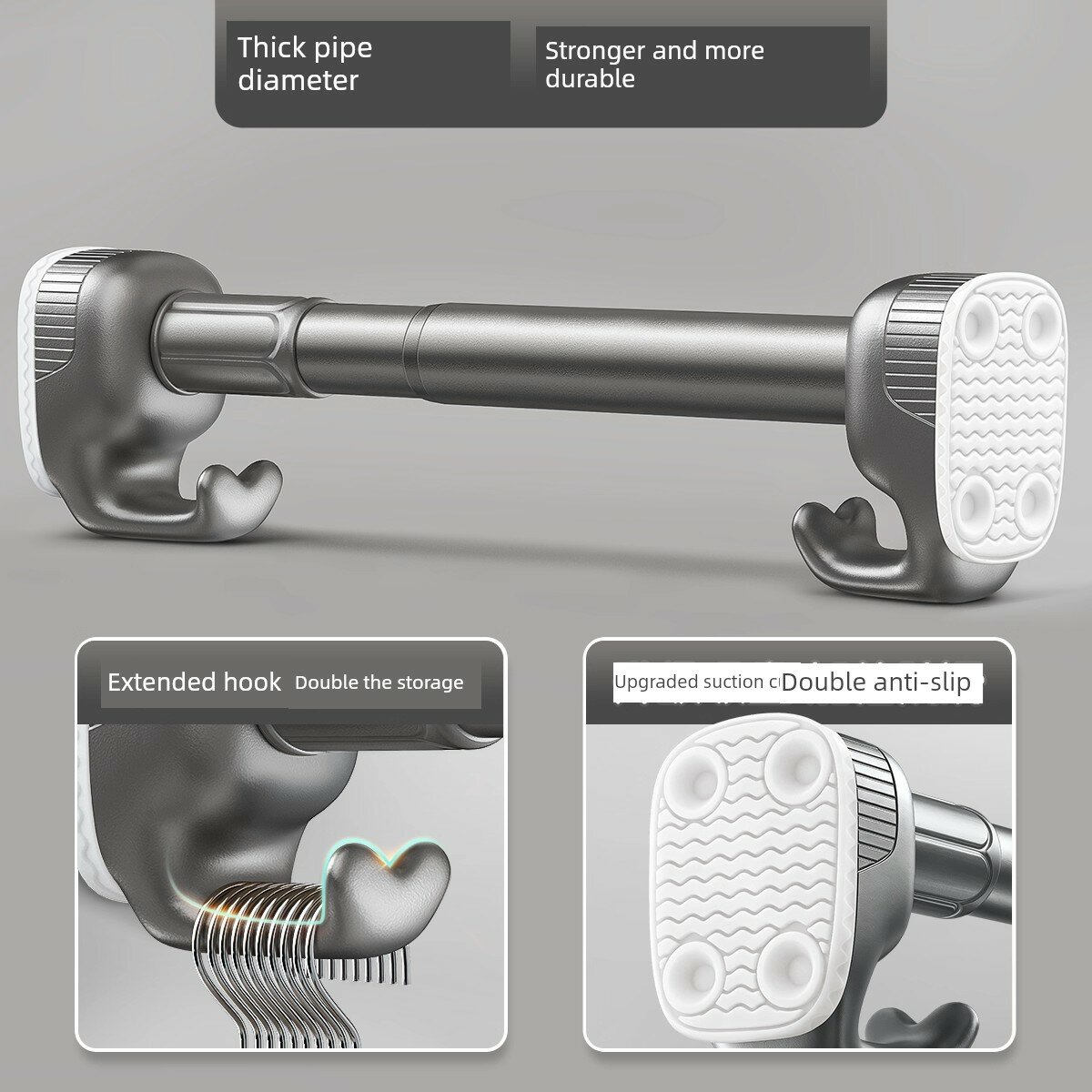 Мощный регулируемый стержень для белья 33 мм, темно-серый, выдвижной 50-80 см для крепления к стене