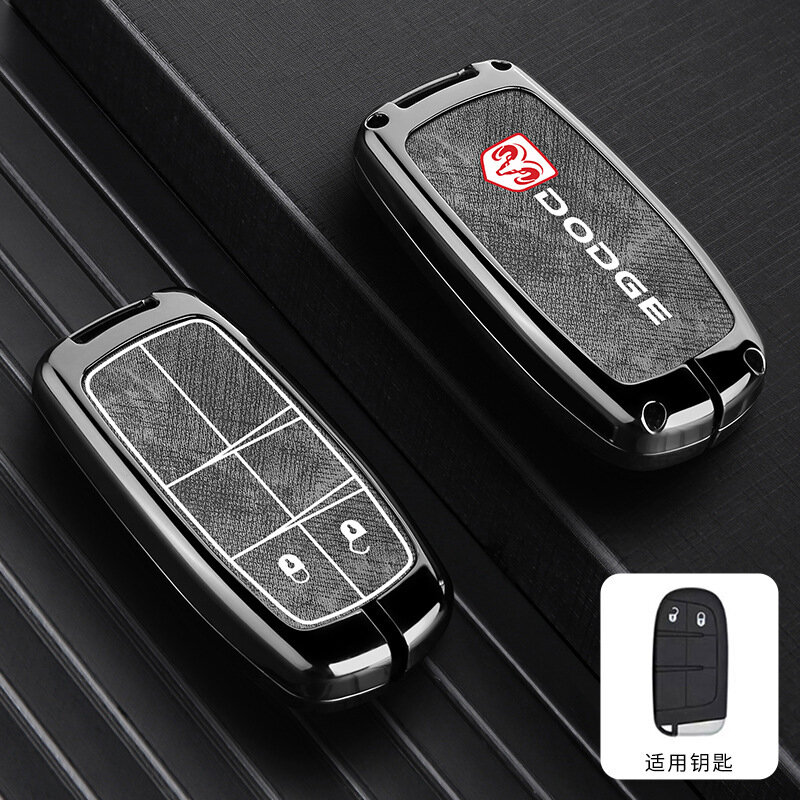 Металлический чехол для ключей для Dodge 2-ключевой с деним-узором и серой кожаной оболочкой одиночный
