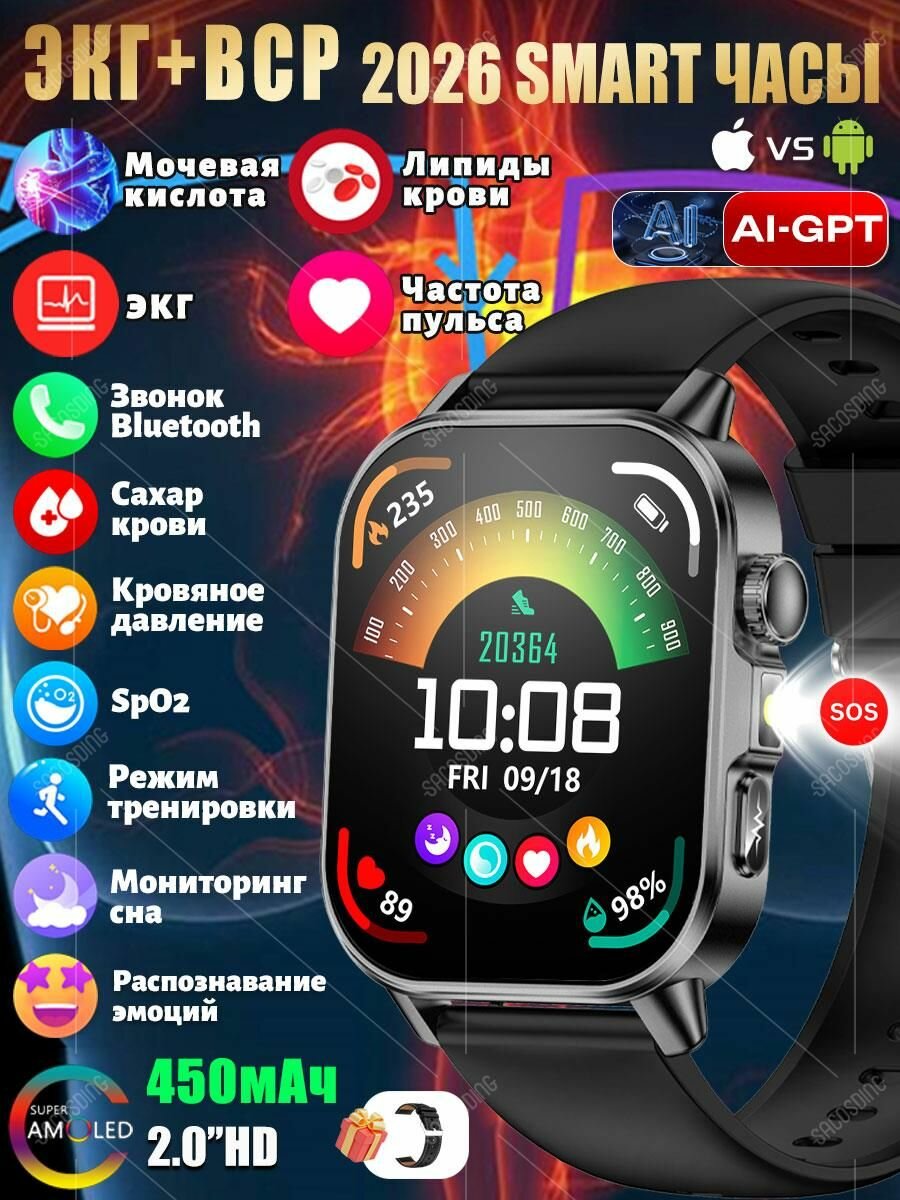 Cмарт-часы мужские и женские с ЭКГ, HRV,2.0'HD, Измерение артериального давления, контроль здоровья, трекер активности для Android и iOS