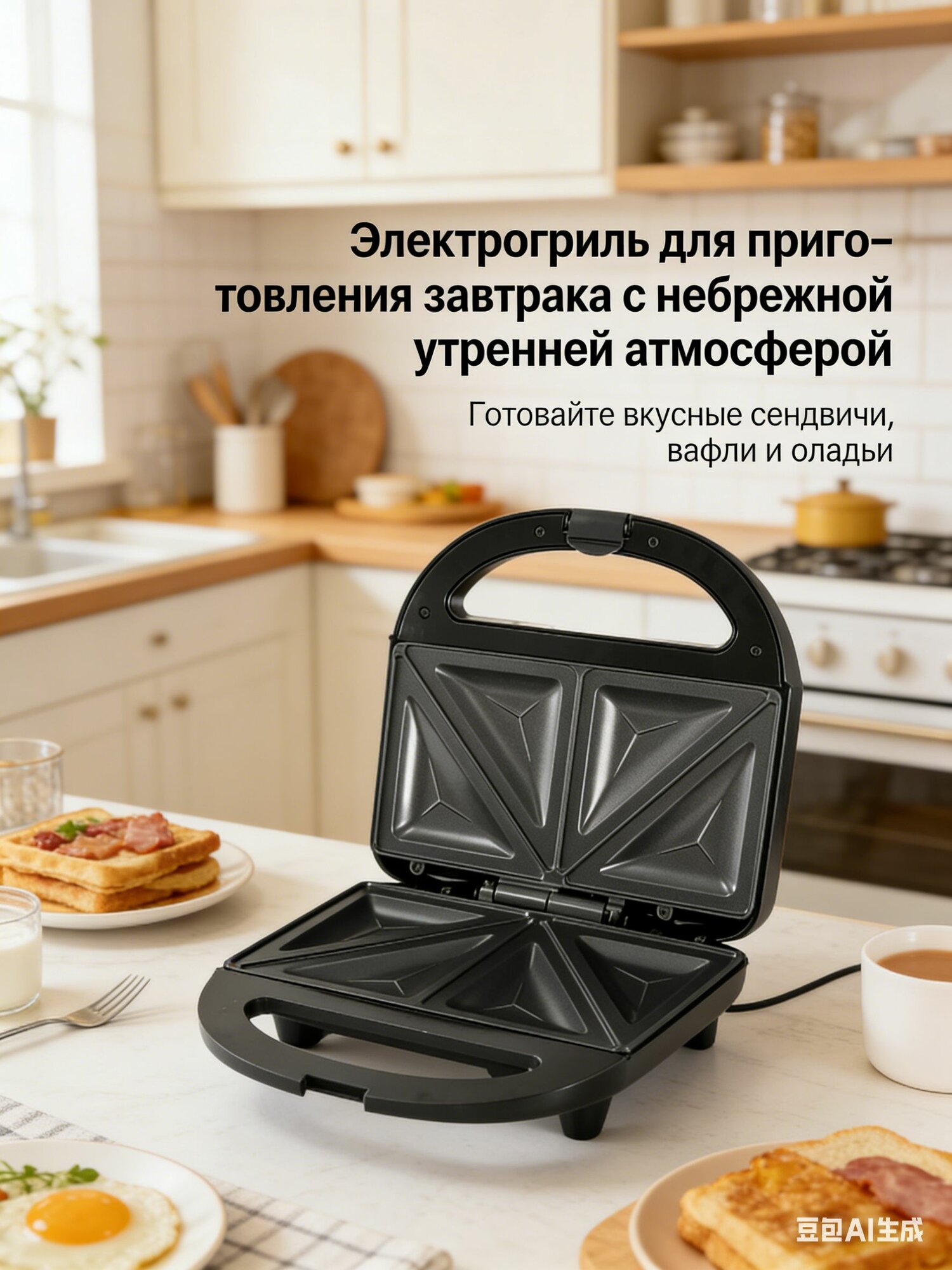 Устройство для приготовления завтрака 3-в-1: сэндвичница, вафельница, пончиковая машина домашнего использования.