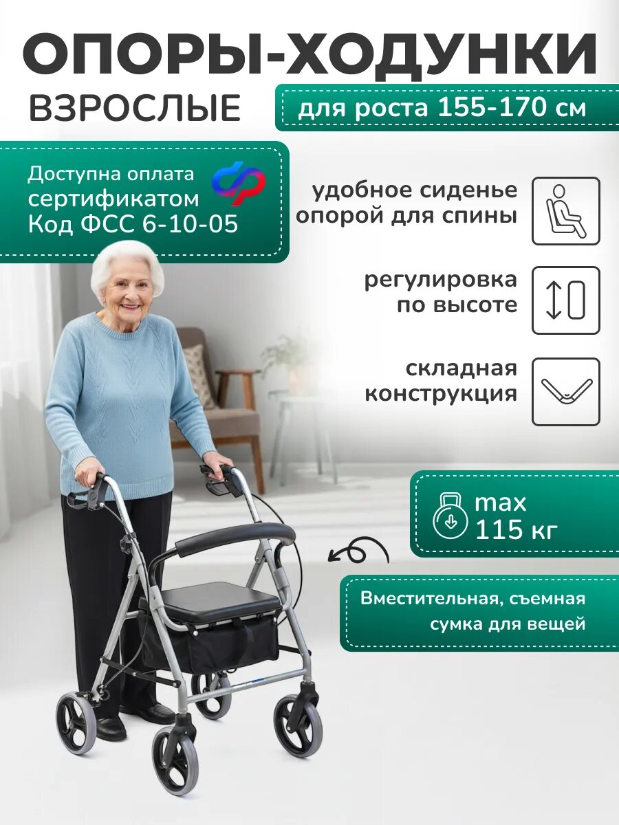 Ходунки для пожилых и инвалидов на колесах с сумкой ролаторы R Euro
