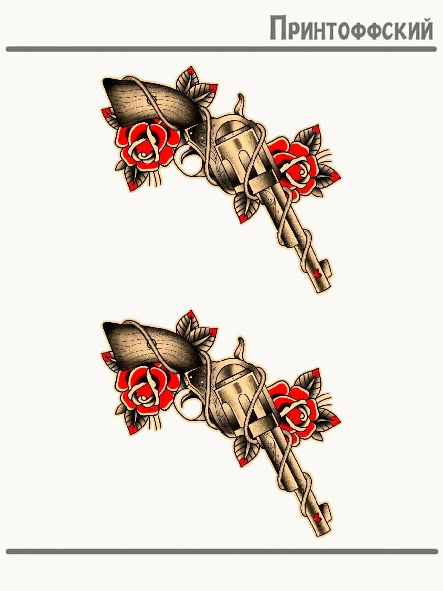 2-е (Две) Термонаклейки Пистолет Роза
