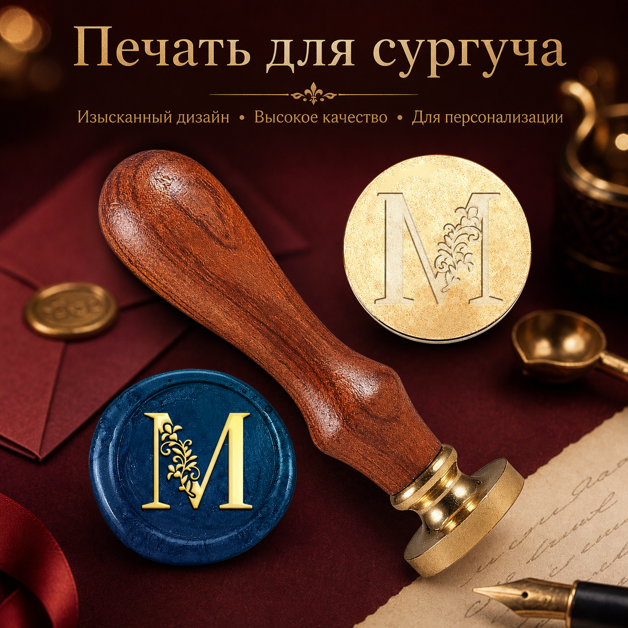 1 шт, сургучная печать с буквой М , тиснёный штамп с изображением лозы, винтажная элегантная, съёмная, 1 дюйм, латунная печать, деревянная ручка