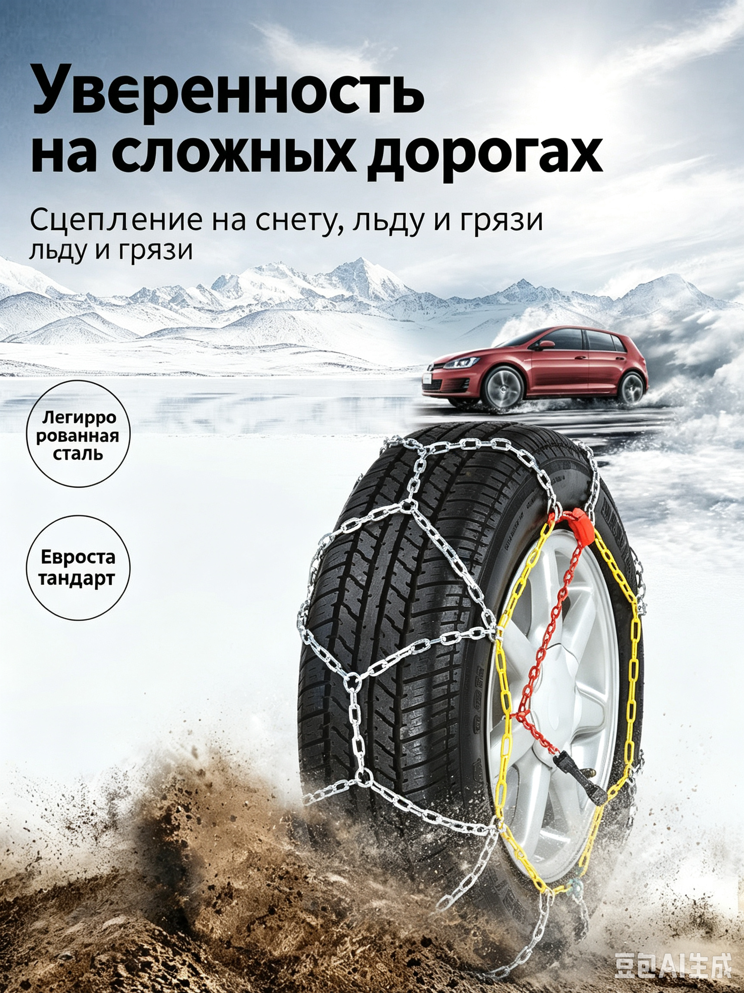 Стальные цепи антипробуксовочные KNS90 на шины R14 R15 R16 R17, комплект 2 штуки с пластиковым кейсом