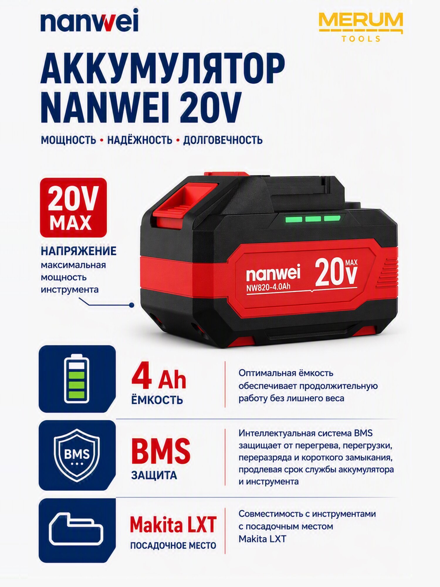 Литий-ионный аккумулятор 4,0 Ач 20V с индикатором заряда батареи