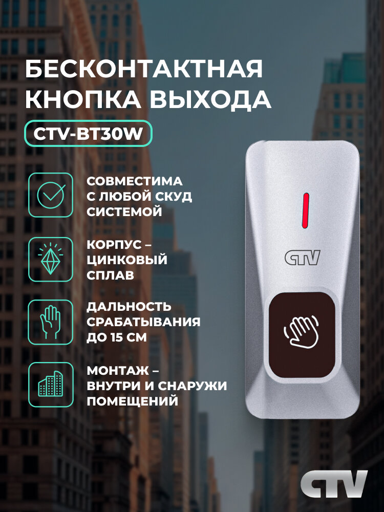 Сенсорная кнопка выхода CTV для СКУД, бесконтактная, накладная, монтаж внутри и снаружи помещений