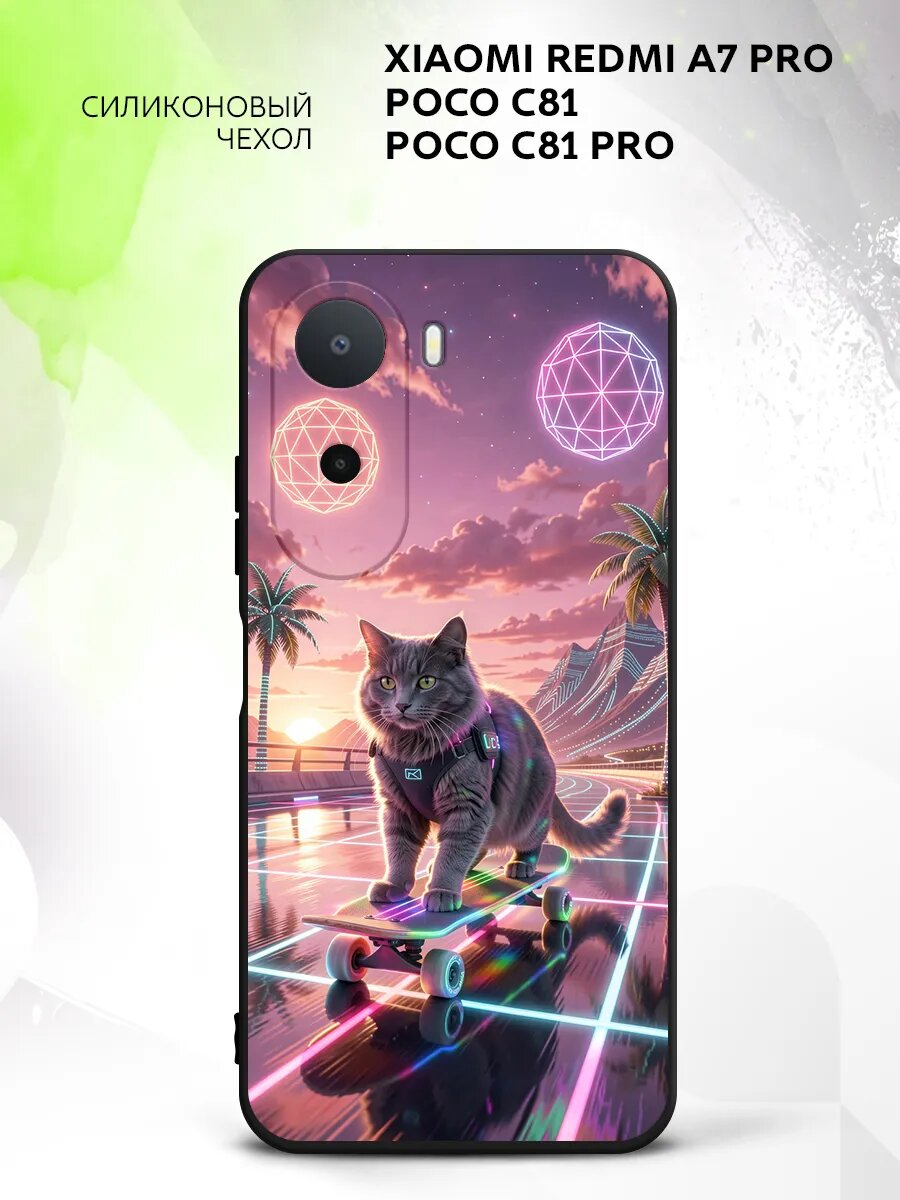 Чехол на Xiaomi Redmi A7 Pro/Poco C81/C81 Pro, защита камеры, накладка с рисунком кот скейтер неоновый
