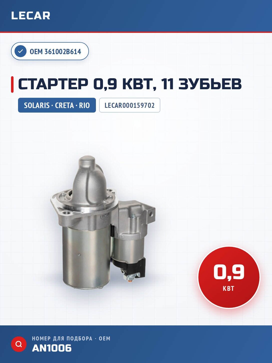 Стартер (0,9 кВт, 11 зубьев) Hyundai Solaris I, II 14-, Creta 16-; Kia Rio III, IV 14-