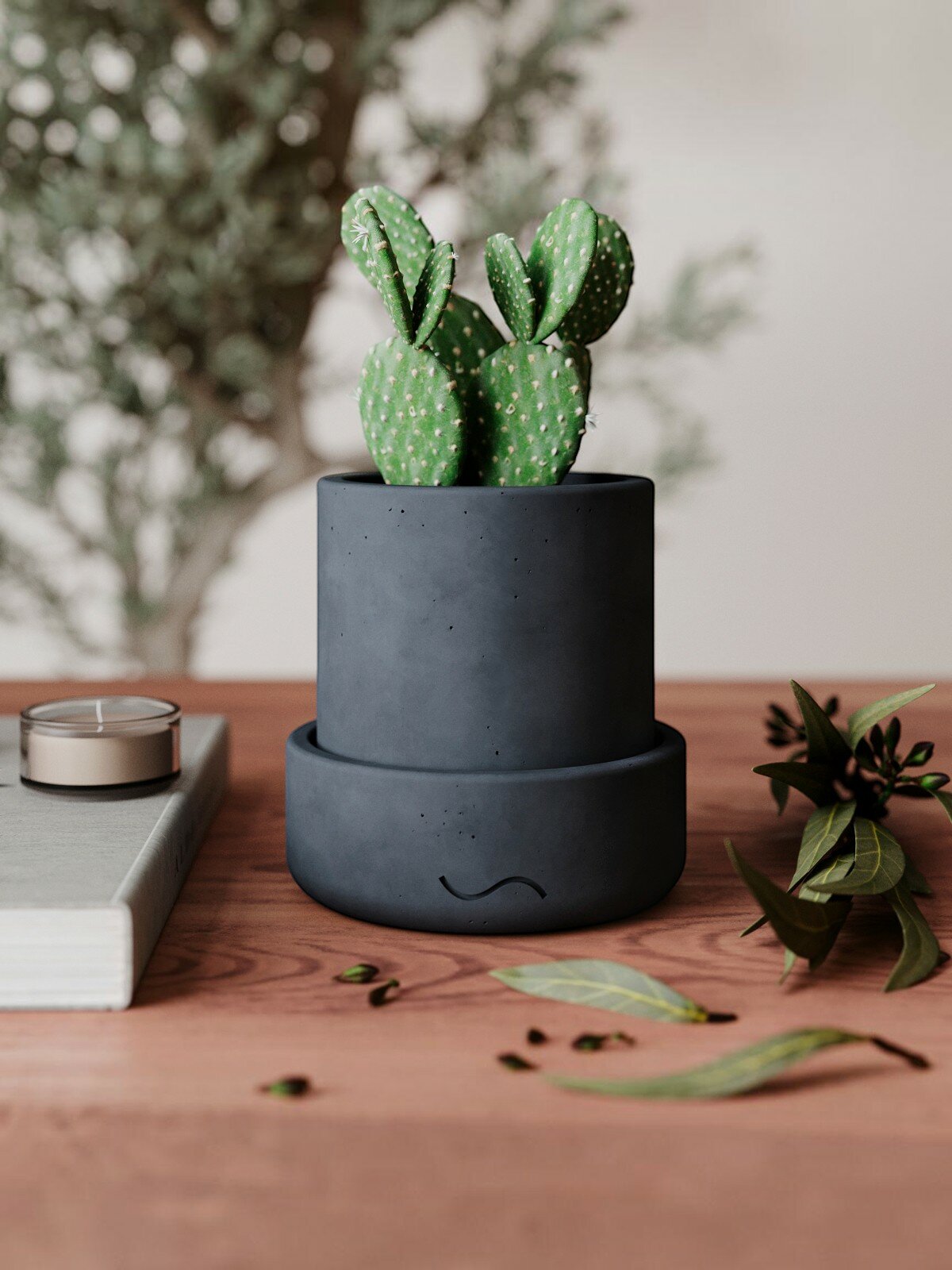 Горшок, кашпо для цветов, кактусов и суккулентов Astrid S Matte с поддоном, 0.27 л, бетон, графитовый матовый