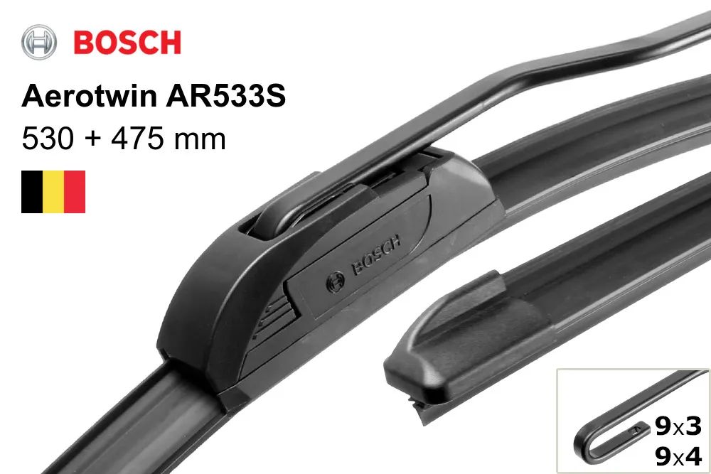 Щетки стеклоочистителя Bosch Aerotwin AR533S (3397118902), бескаркасные, 530мм + 475мм, 2 шт, Крючок 9x3/9x4, для Skoda Octavia Tour, Subaru Forester, Mitsubishi L200, Toyota Hilux