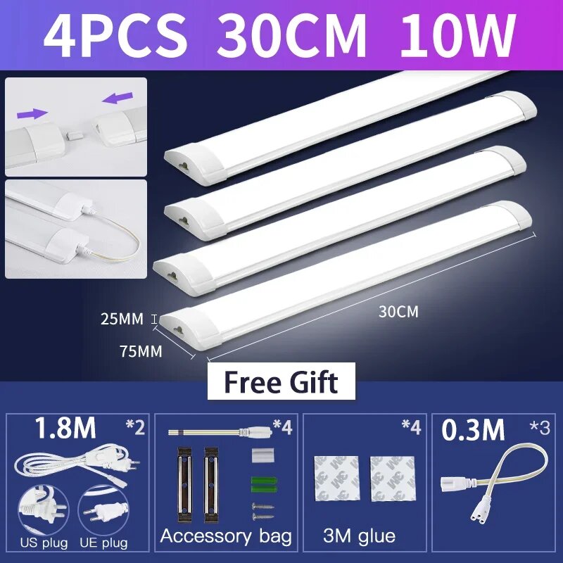 Led Tube Lights Световые трубки Светодиодная 4PCS 10W And Plug, US Plug 110v-220v, Warm light 3000k