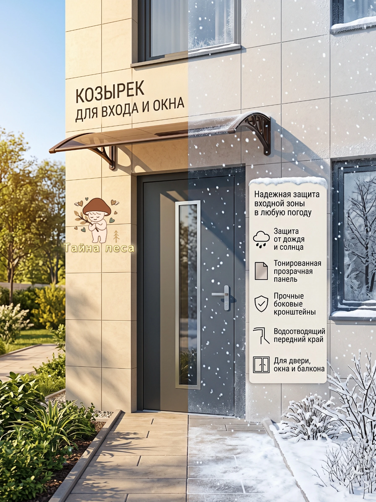 Арочный навес над крыльцом и окном 120x60 см, защита от дождя и солнца, тонированный поликарбонат, черный