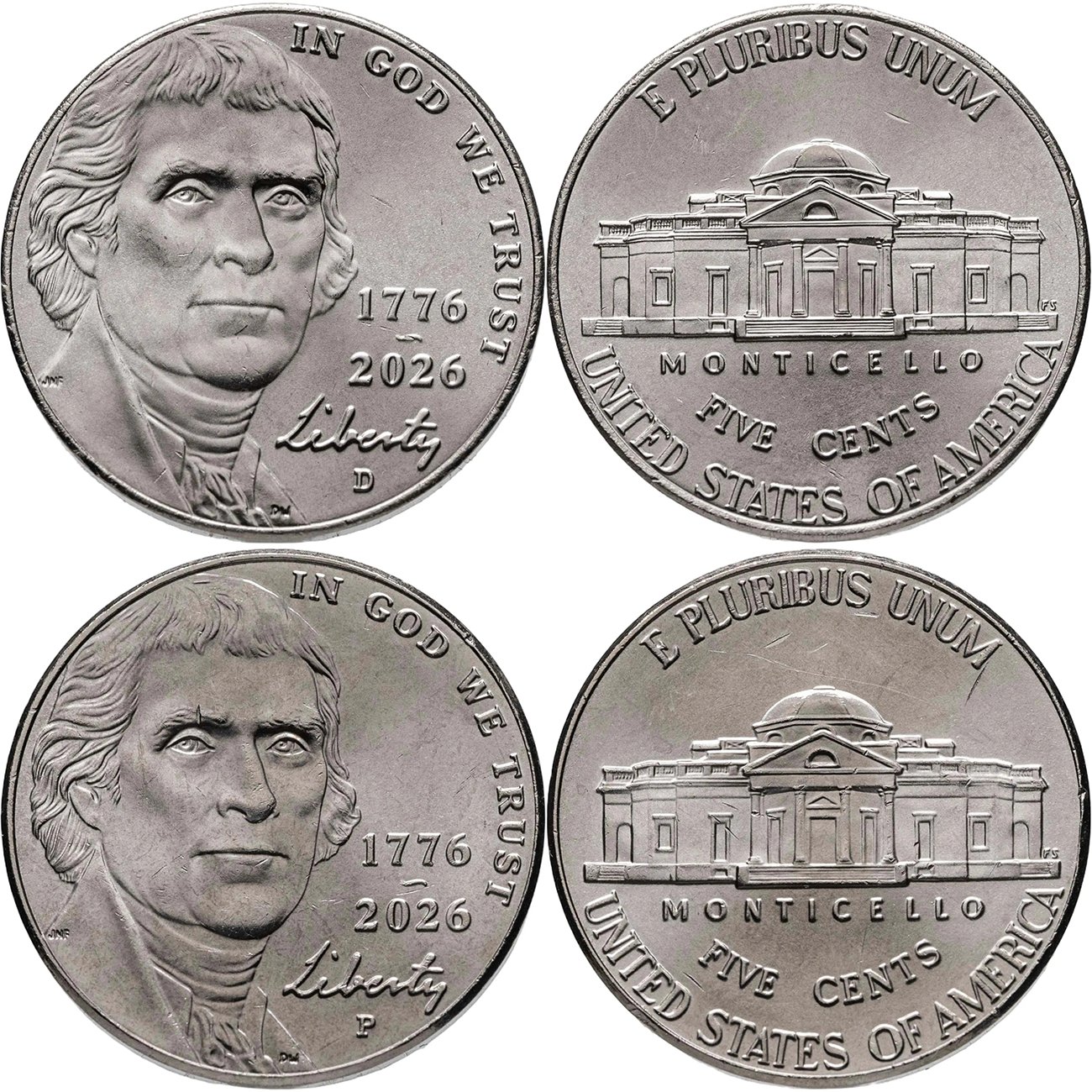 США набор из 2 монет 5 центов cents 2026 P+D "250 лет независимости США", Мельхиор медь-никель, в сохранности UNC