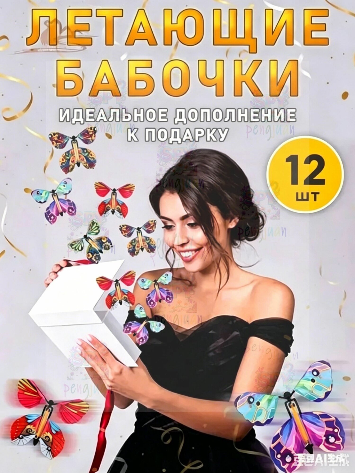 Подарочная с летающими бабочками, 12 шт, разноцветная