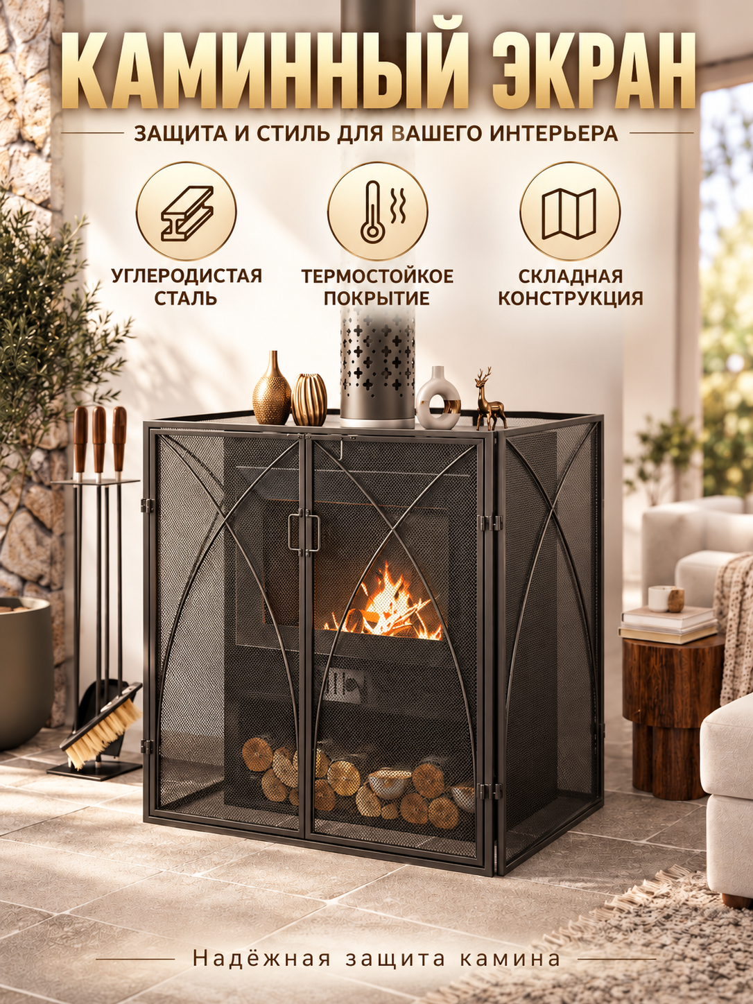Каминный экран золотой металлический, складная конструкция с дверцами, термостойкое покрытие для защиты от искр