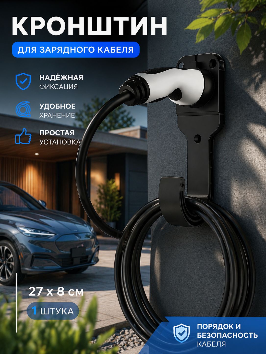 Кронштейн для зарядного кабеля электромобиля 27х8 см, держатель коннектора и шнура, универсальный, черный, 1 шт