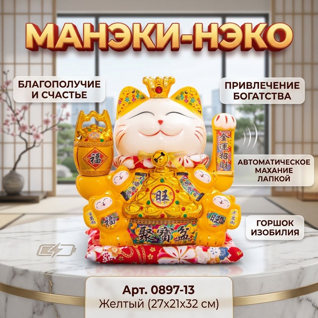 Маятник "Манеки Нэко", кот машущий лапой. 32 см. керамика